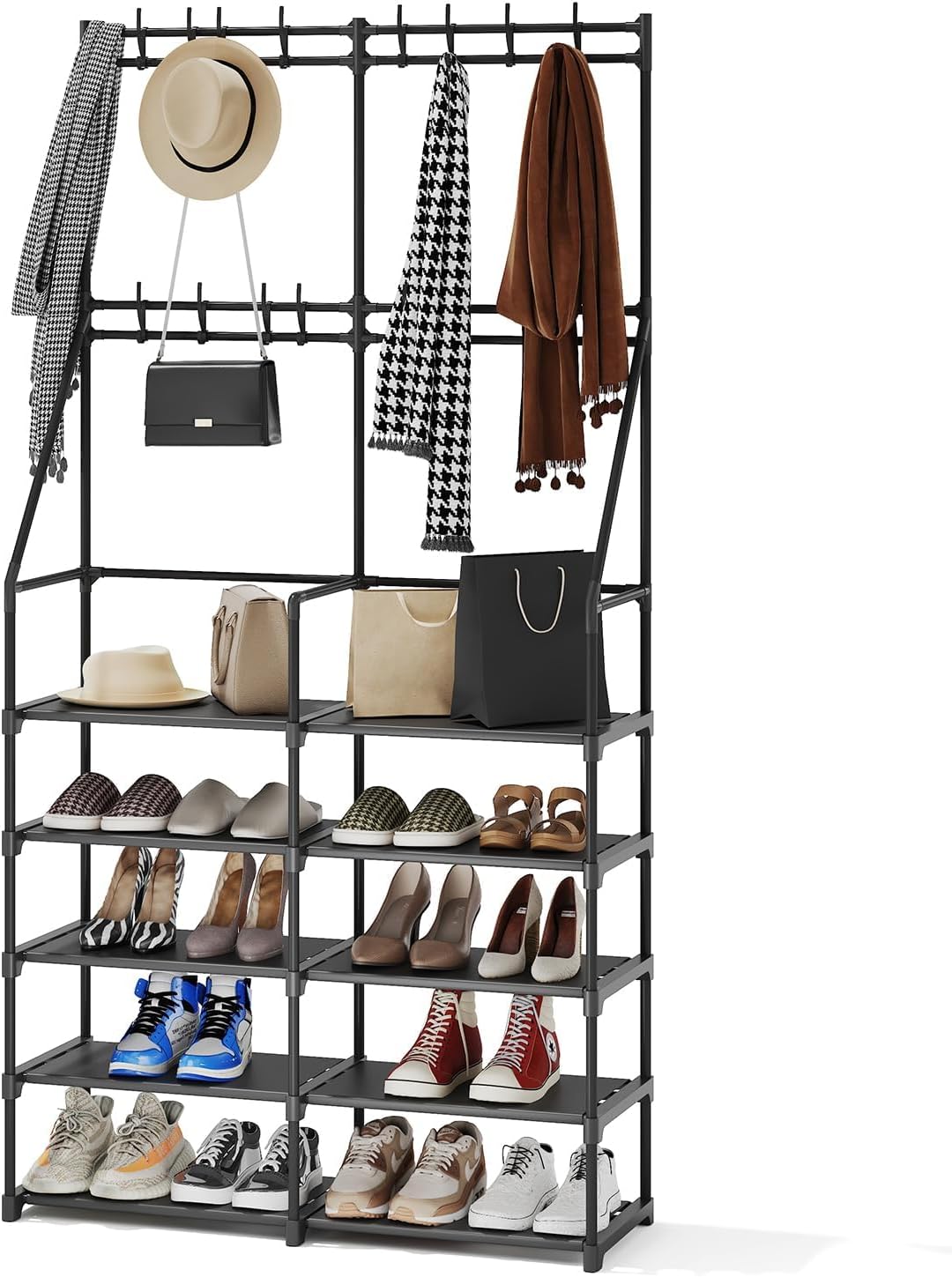 3-in-1 Double Row Coat Rack Freestanding with Shoe Storage Entryway ...