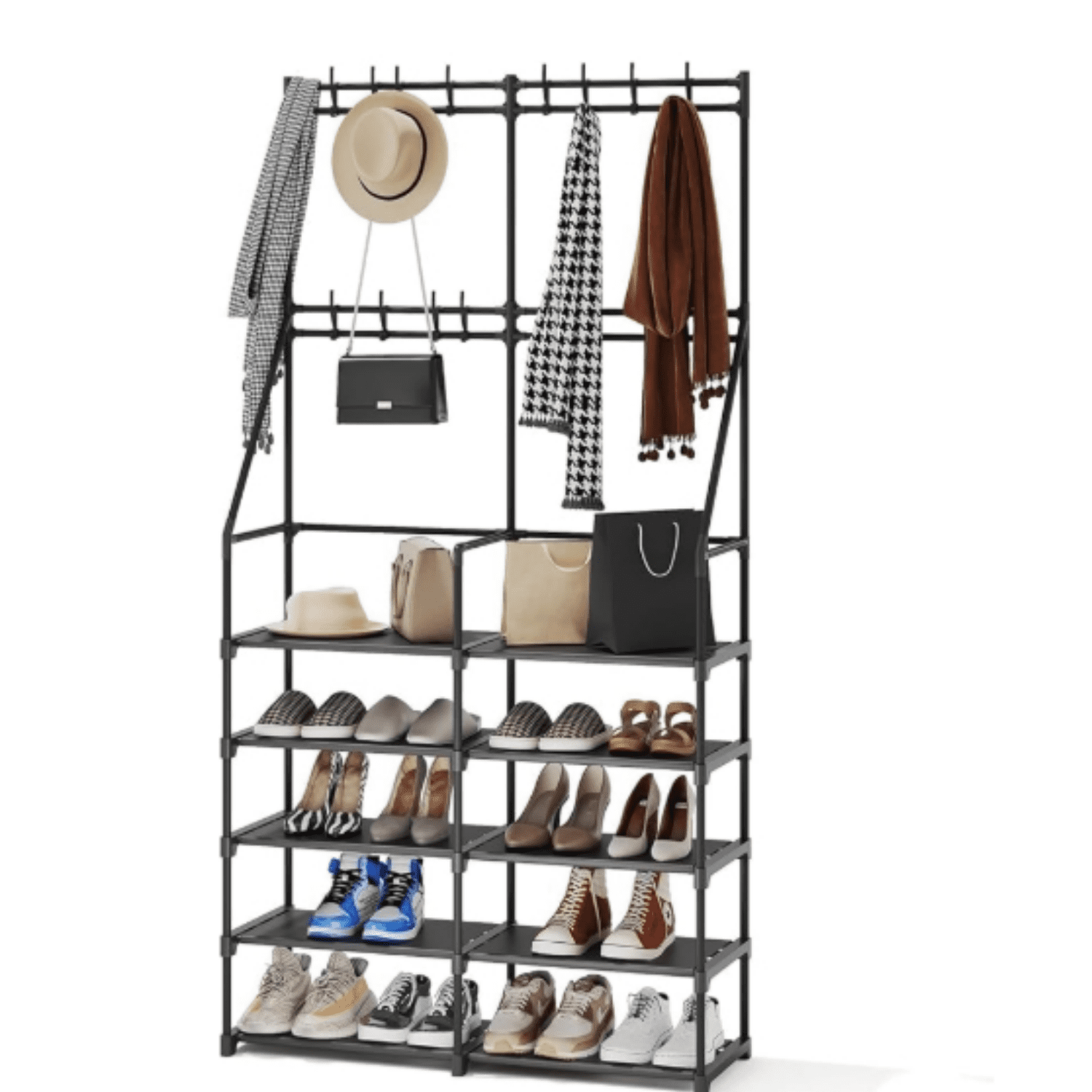 3-in-1 Double Row Coat Rack Freestanding with Shoe Storage Entryway ...