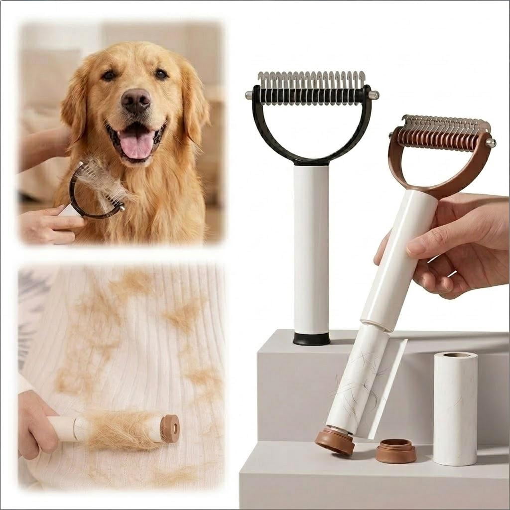 3-in-1 Double Sided Dematting Comb for Cats & Dogs,Built-in lint roller ...