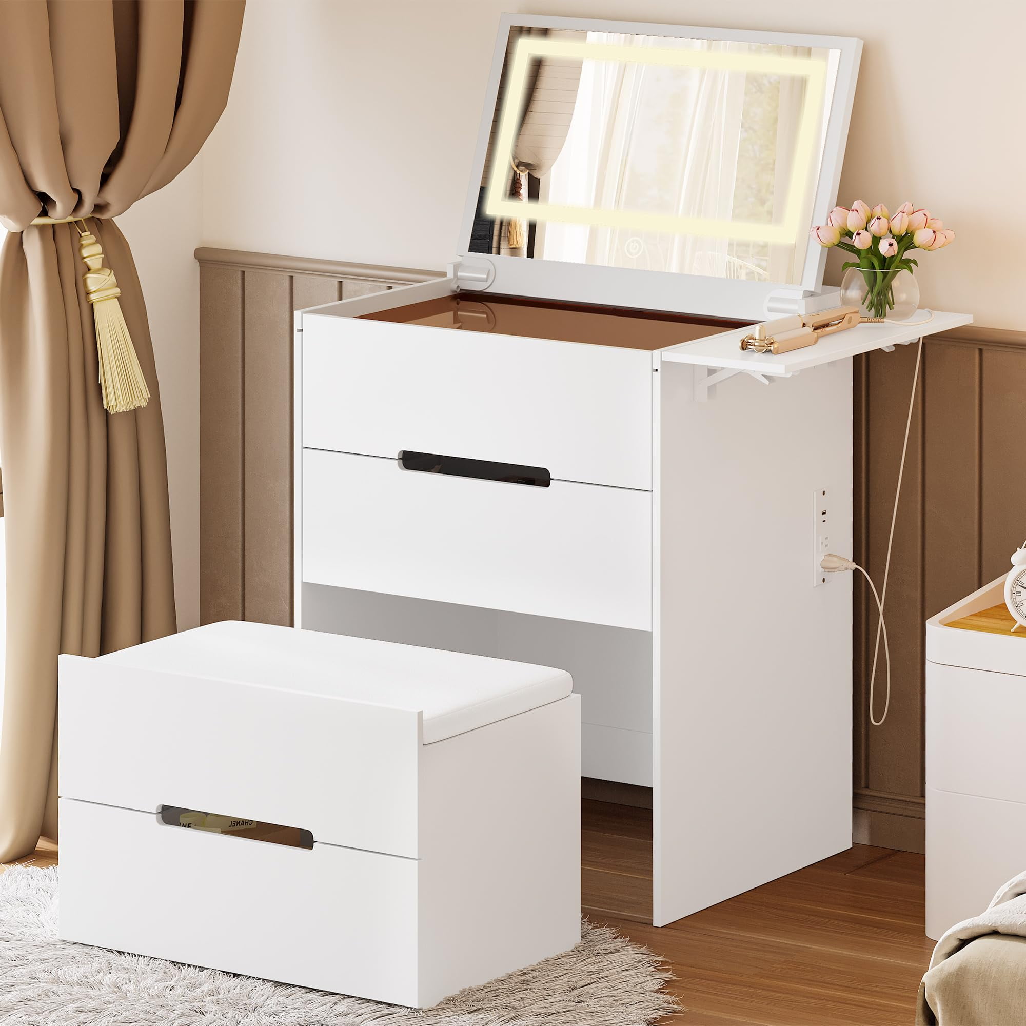 3 in 1 Dressing Table with LED Mirror and Outlet, Vanity Desk with ...