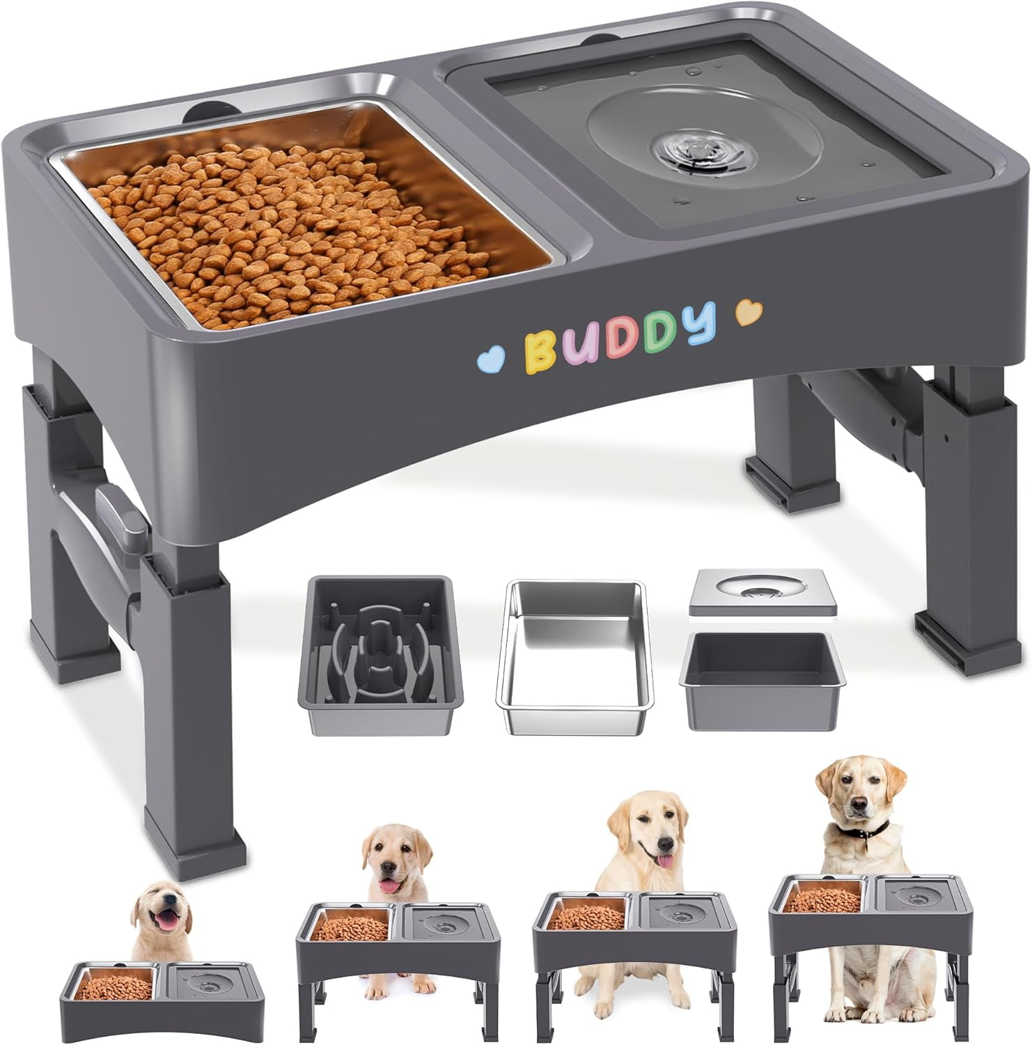 3-in-1 Elevated Dog Bowls, 4 Height Adjustable Raised Dog Bowls with ...