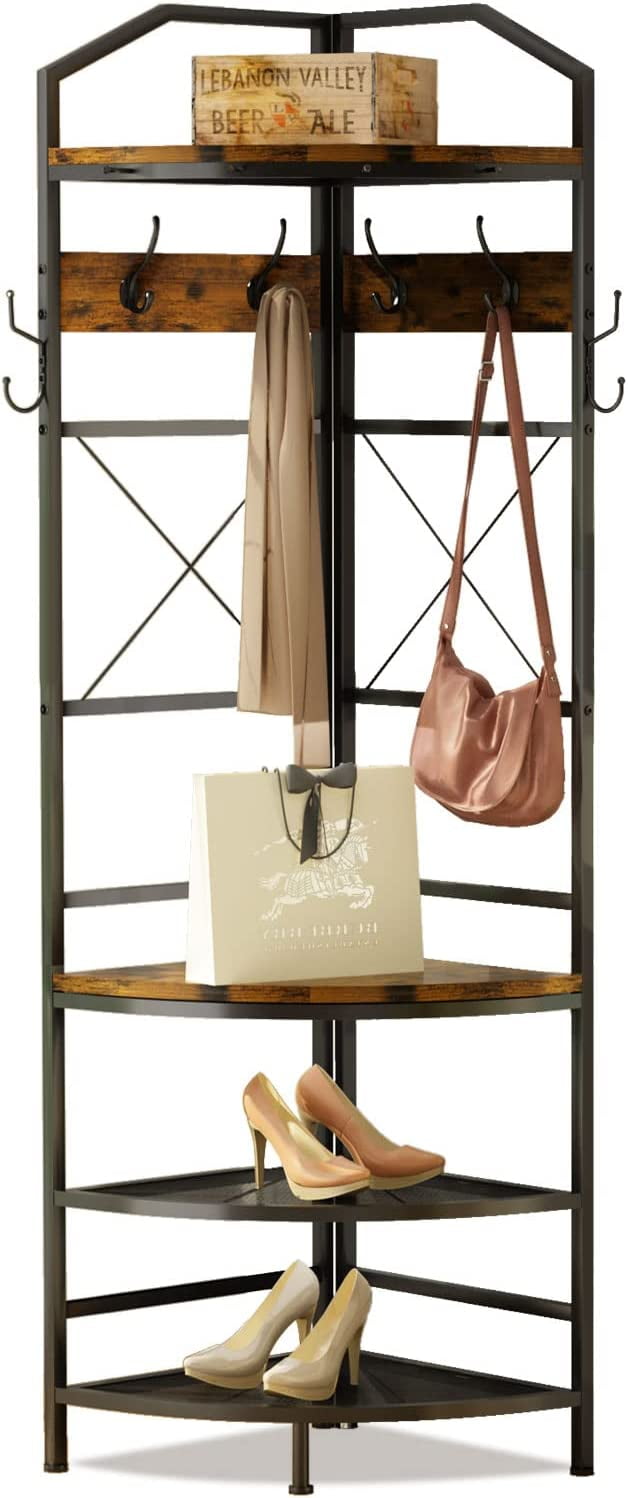 3-in-1 Entryway Coat Rack, Industrial Hall Tree Corner Cloth Rack with ...