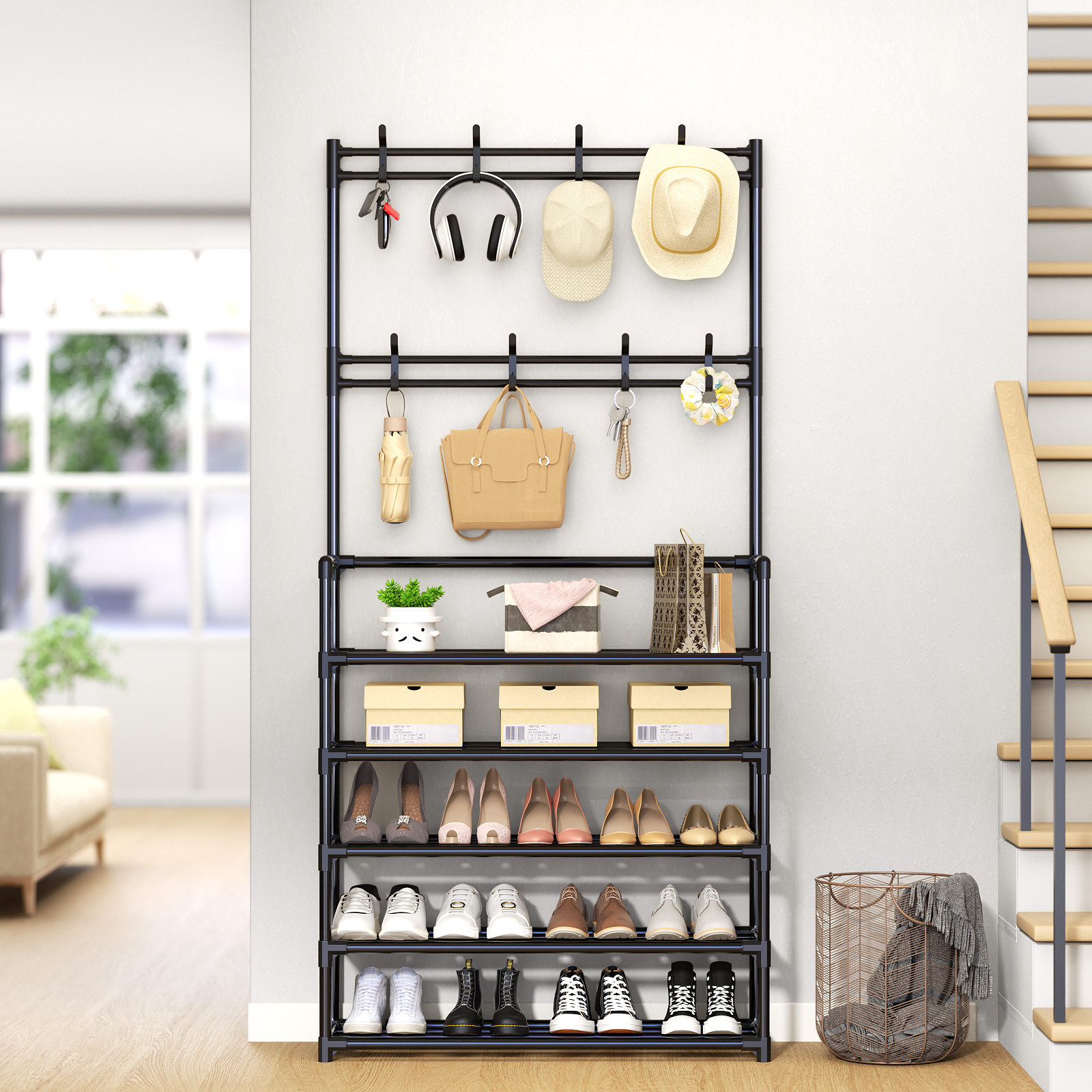 HOMCOM 3-In-1 Hall Tree Storage Bench and Coat Rack with Hooks Black ...