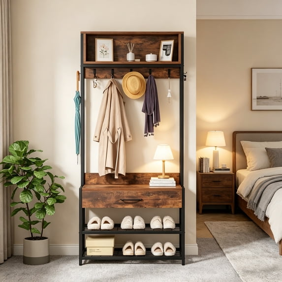 3-in-1 Entryway Hall Tree Coat Rack Bench with Shoe Storage & Top Shelf ...