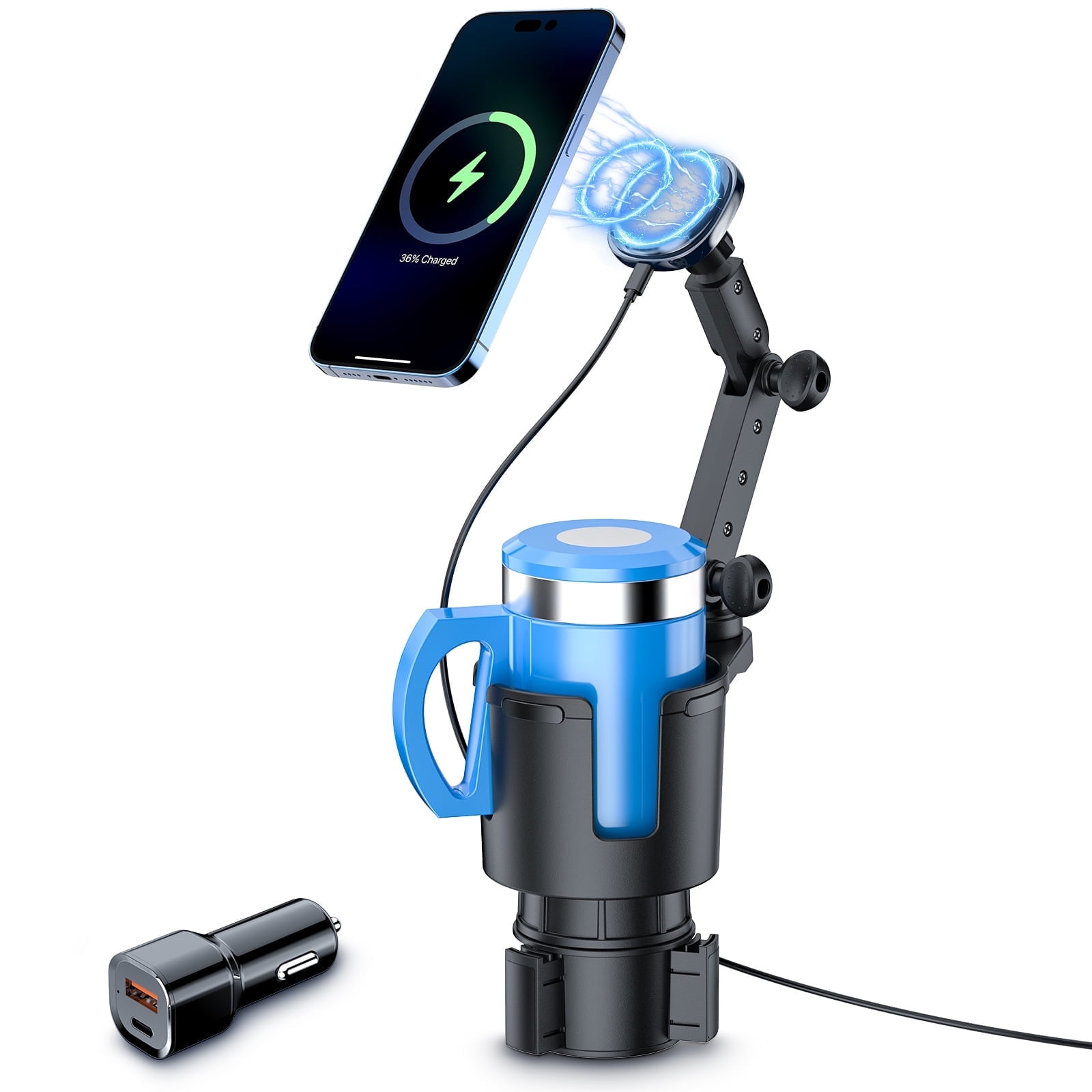 3-in-1 Fast Charge Car Wireless Charger Cup Holder Adapter Adjustable ...
