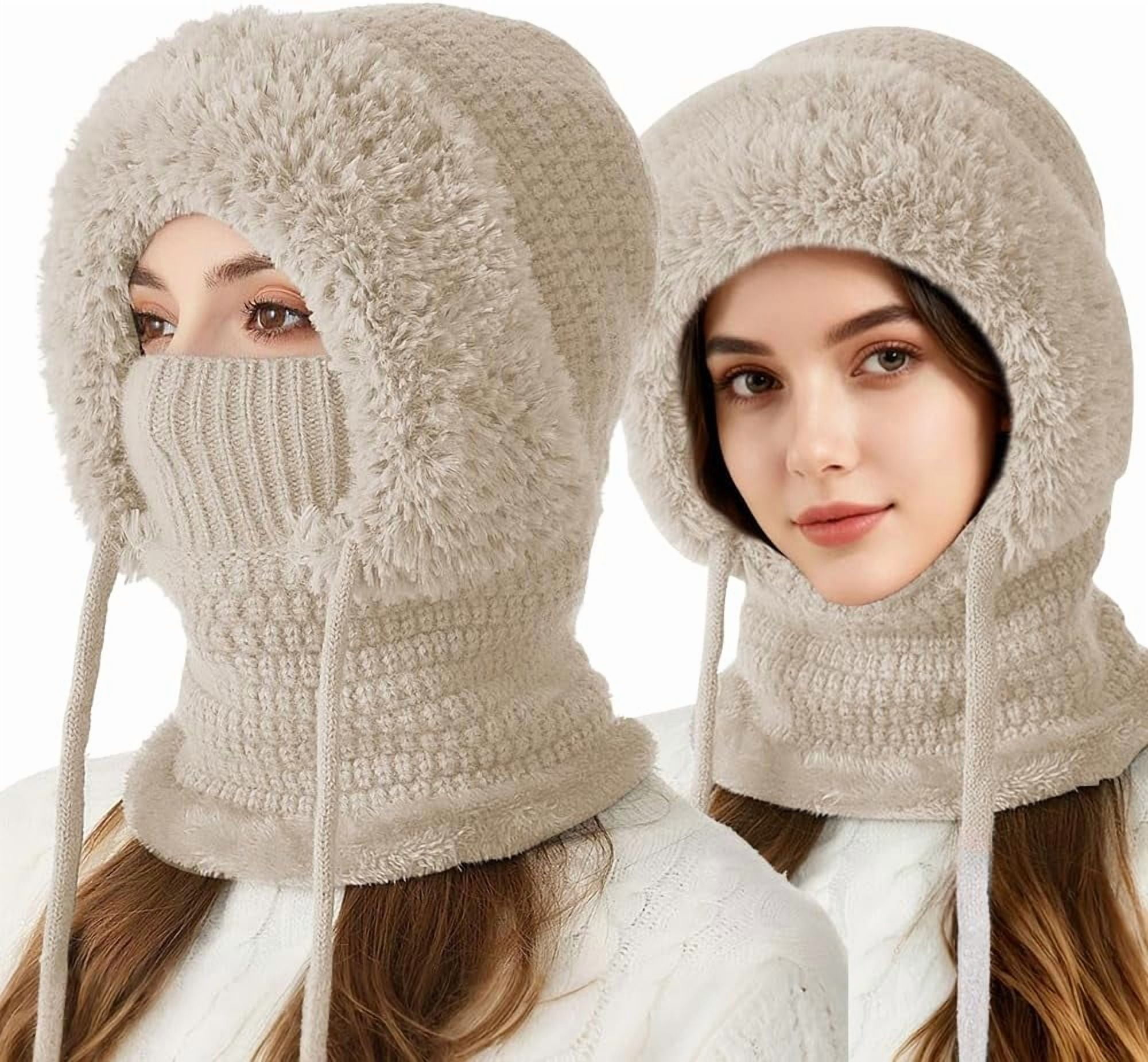3 in 1 Fleece Lined Beanie Hat Set - Womens Knit Scarf & Mask 2-in-1 ...