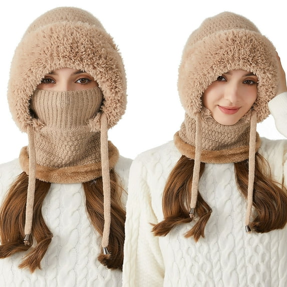 3 in 1 Fleece Lined Winter Knit Hat Scarf Mask, Windproof Warm ...