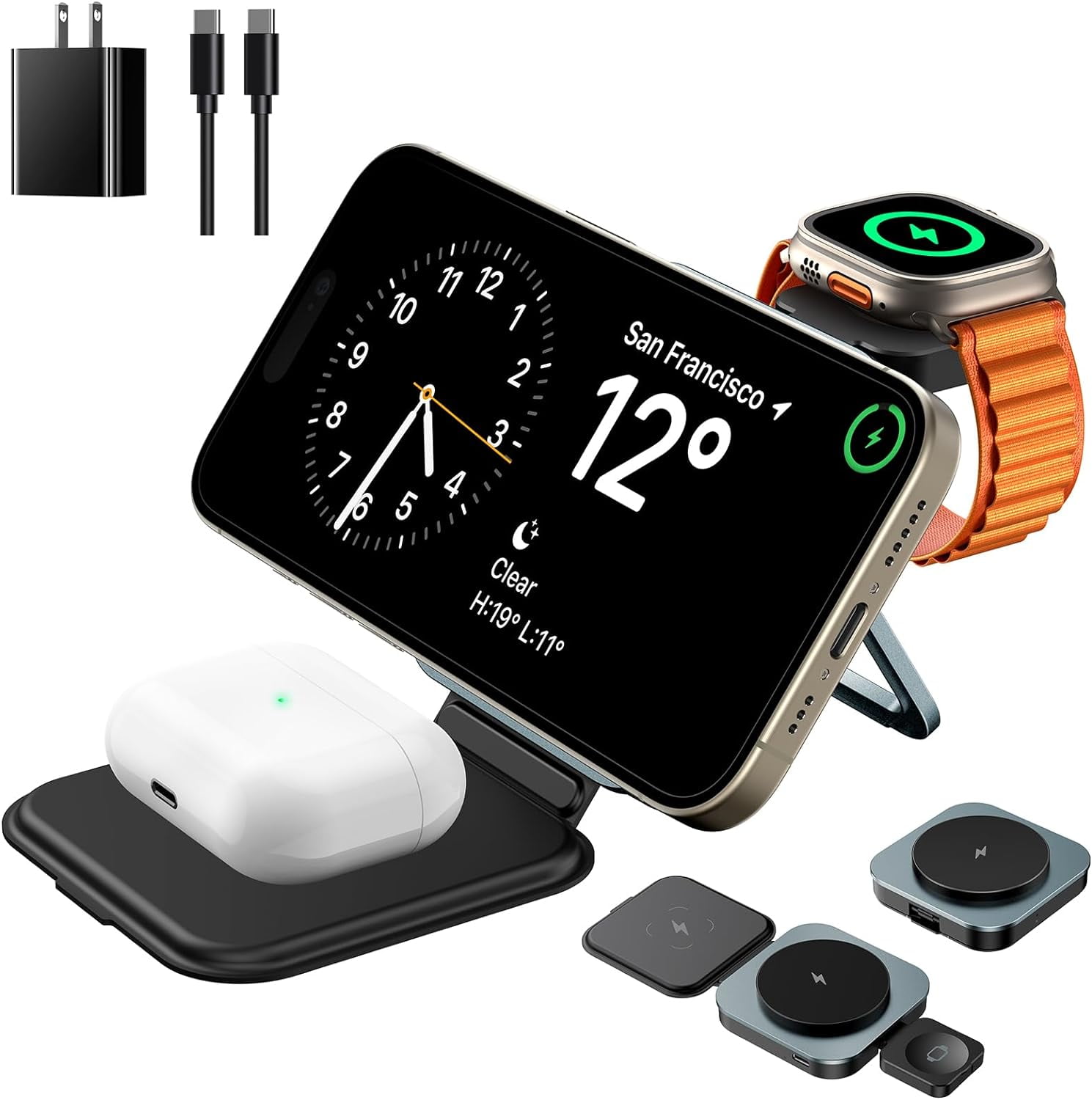 Houflody 3 in 1 Foldable Magnetic Wireless Charger, for iPhone 15 14 13 ...