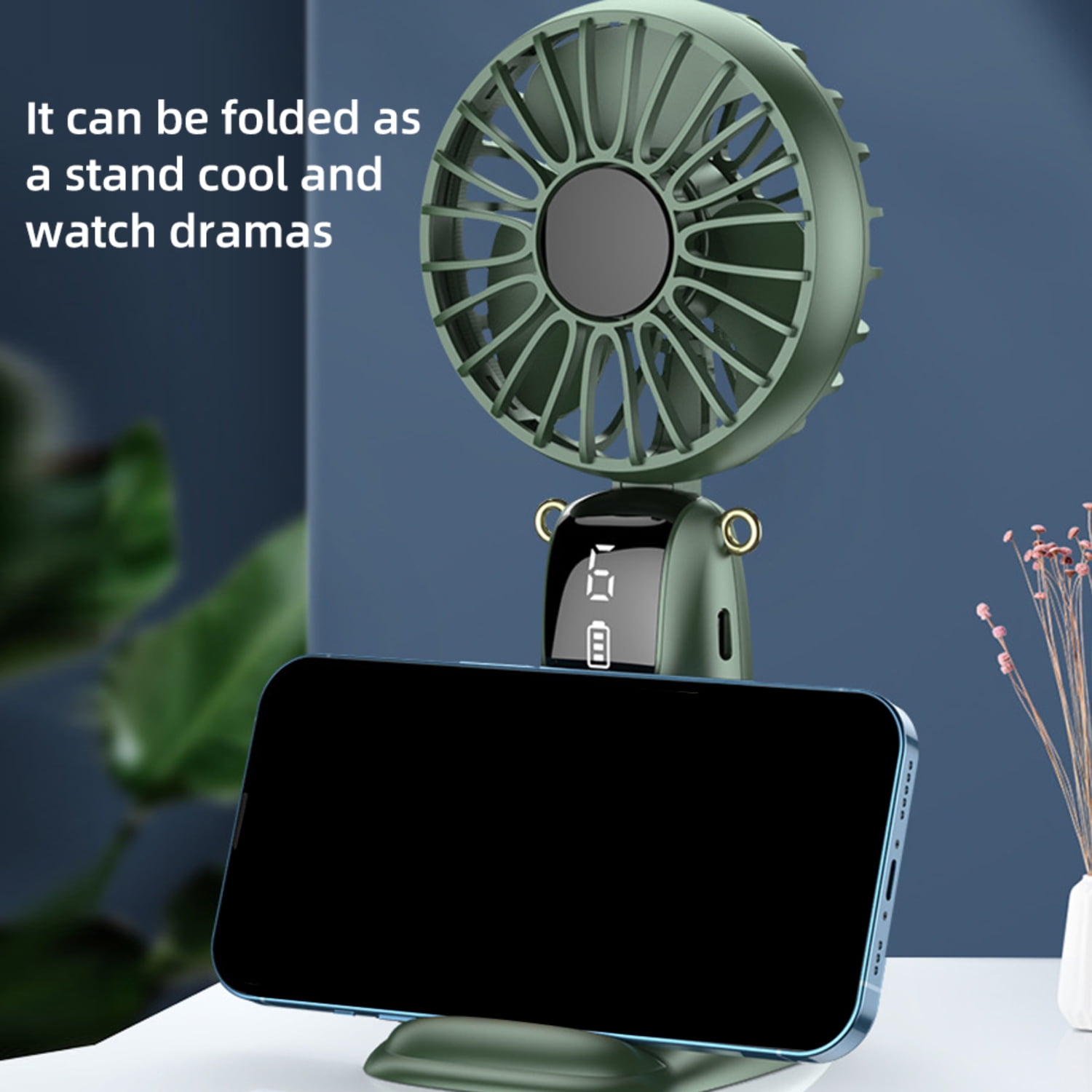 3-in-1 Foldable USB Fan 6 Speeds Neck Hanging Phone Stand Rechargeable ...