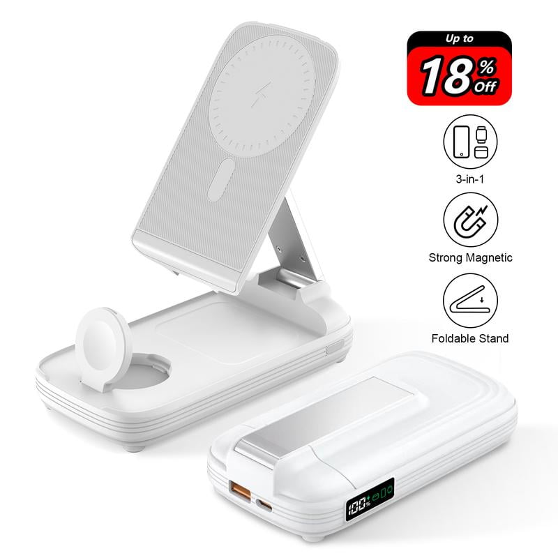 3-in-1 Foldable Wireless Power Bank, 10000mAh Magnetic Power Bank with ...