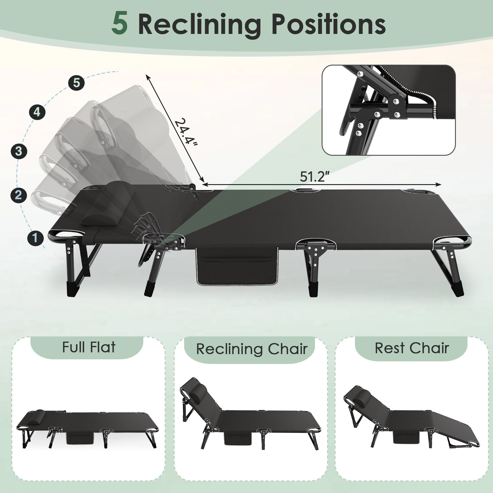 3 in 1 Folding Camping Cot Bed, 5 Positions Adjustable Patio Chaise ...