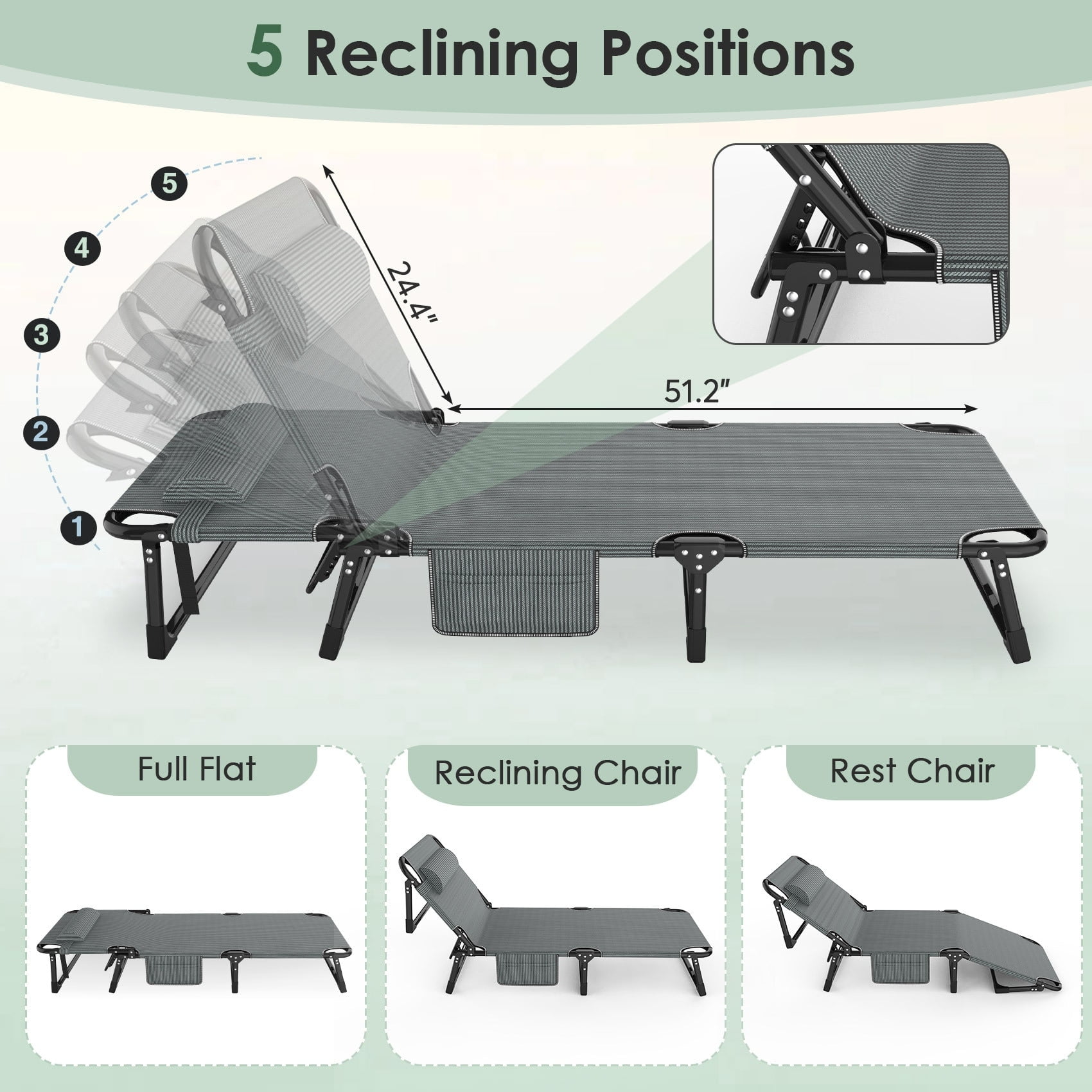 3 in 1 Folding Camping Cot Bed, 5 Positions Adjustable Patio Chaise ...