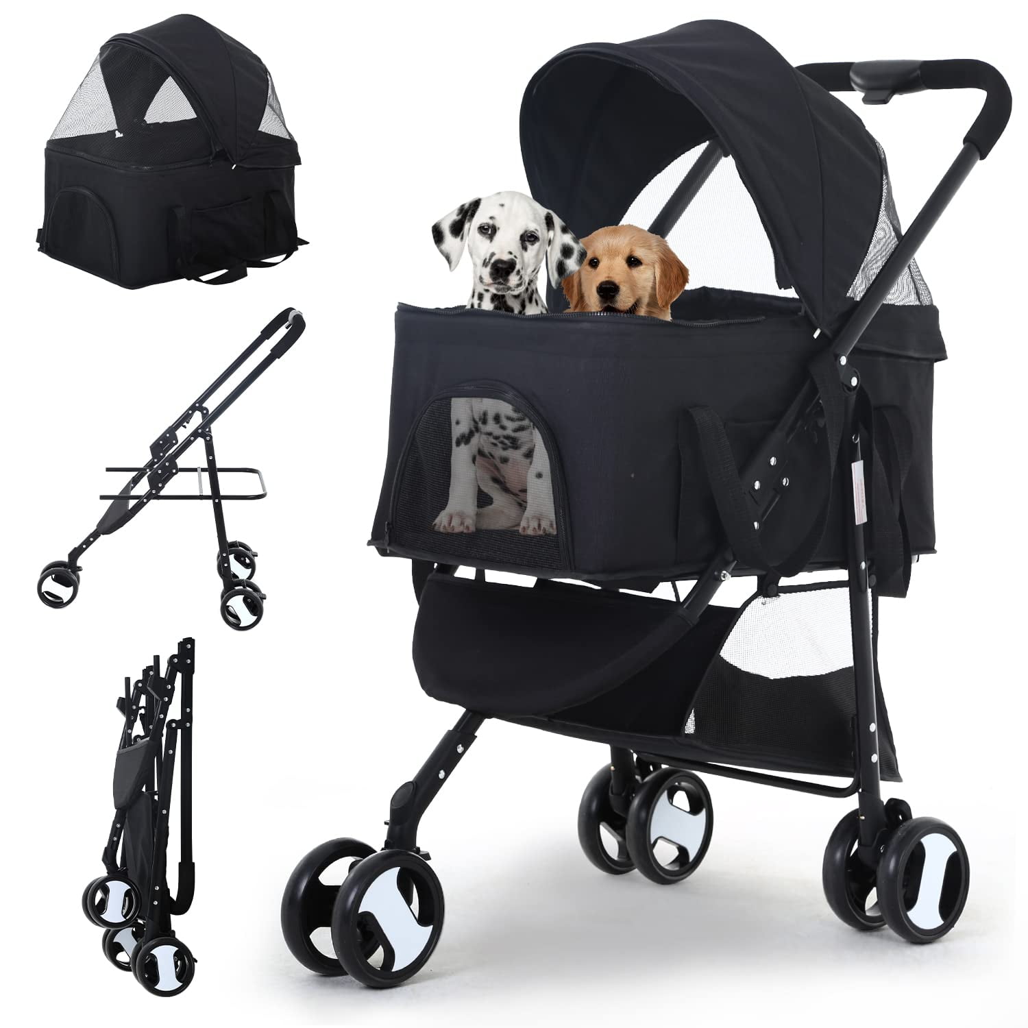 3-in-1 Folding Pet Stroller 3 Wheels Dog Cat Stroller for Medium Small ...