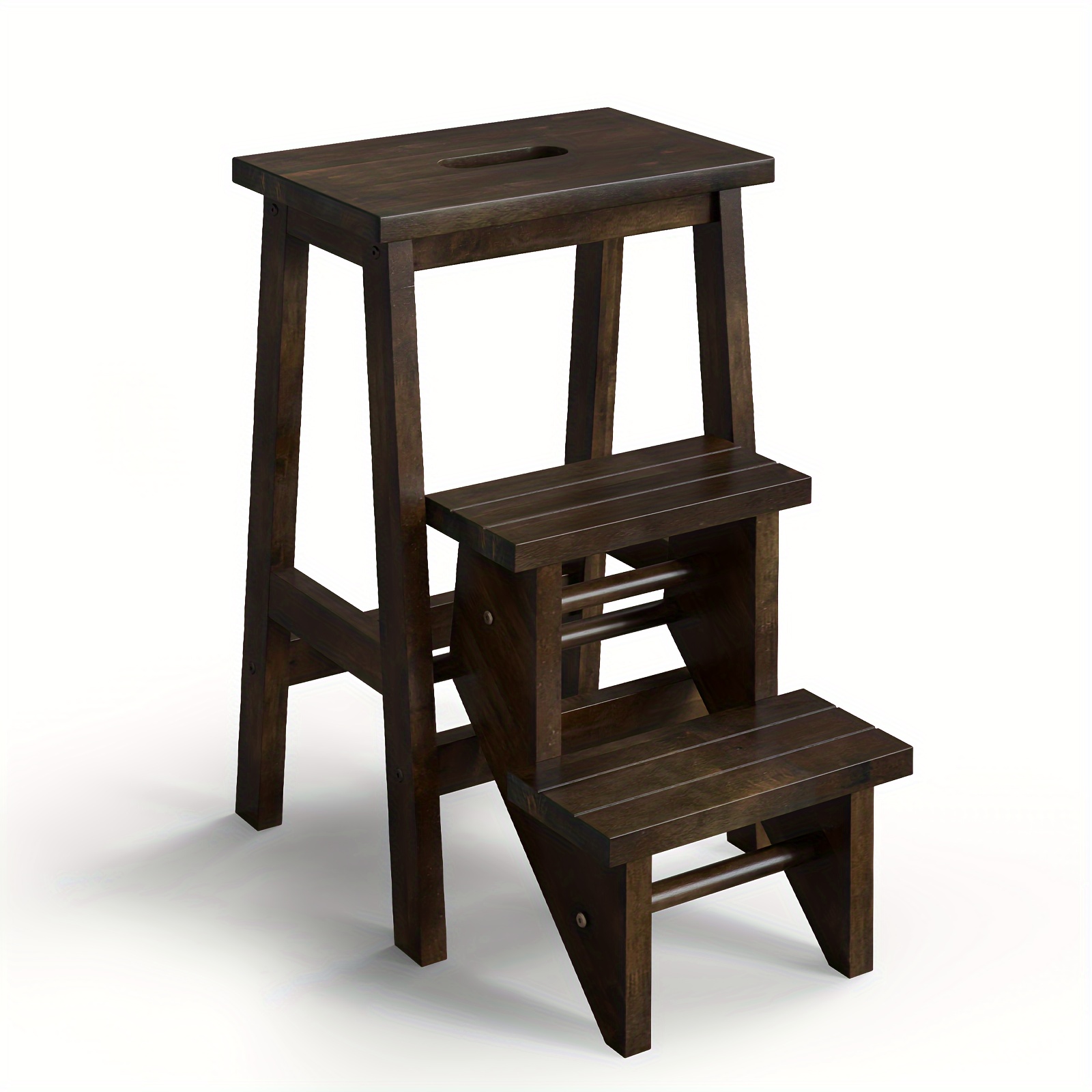 3-in-1 Folding Step Stool (Coffee Brown Rubber Wood) - 24" Shelf ...