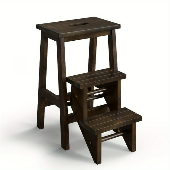 3-in-1 Folding Step Stool (Coffee Brown Rubber Wood) - 24" Shelf ...