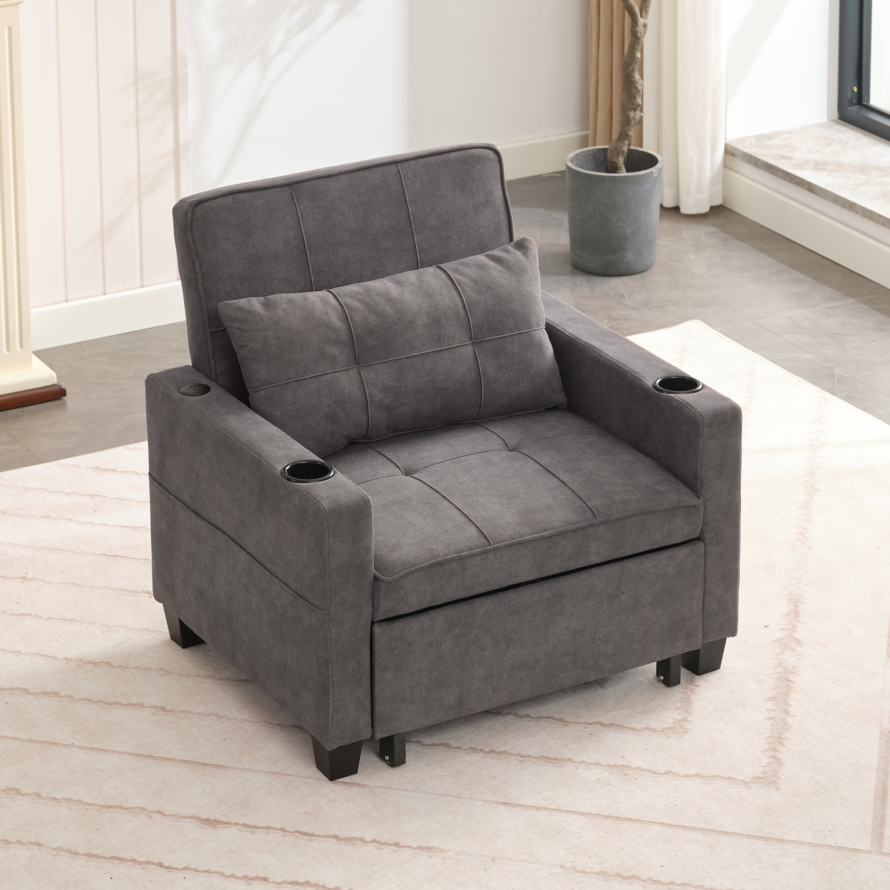 3-in-1 Futon Chair Bed Convertible Sleeper with Pull-Out Design, USB ...