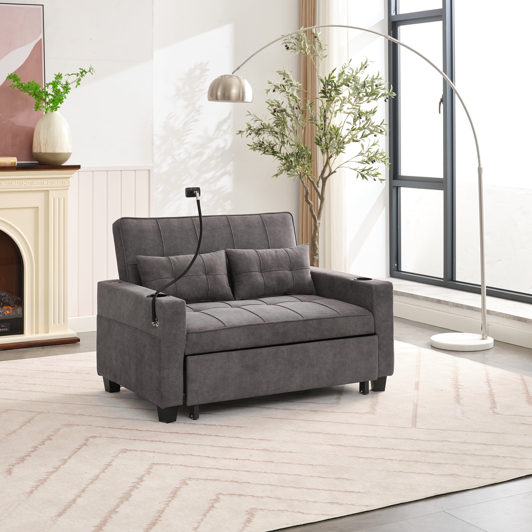 3-in-1 Futon Chair Bed Convertible Sleeper with Pull-Out Design, USB ...