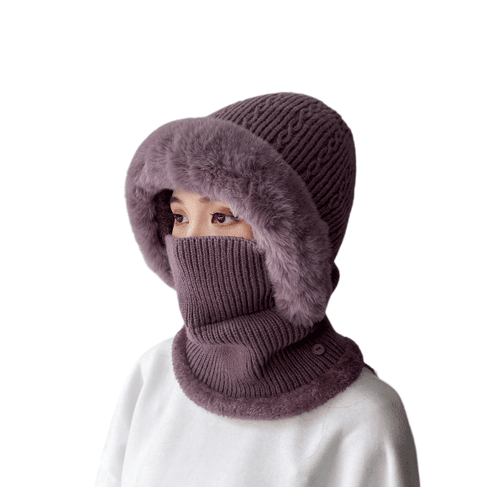 3 in 1 Fuzzy Winter Hat Fleece Hood Neck Gaiter Thick Pullover Ski ...
