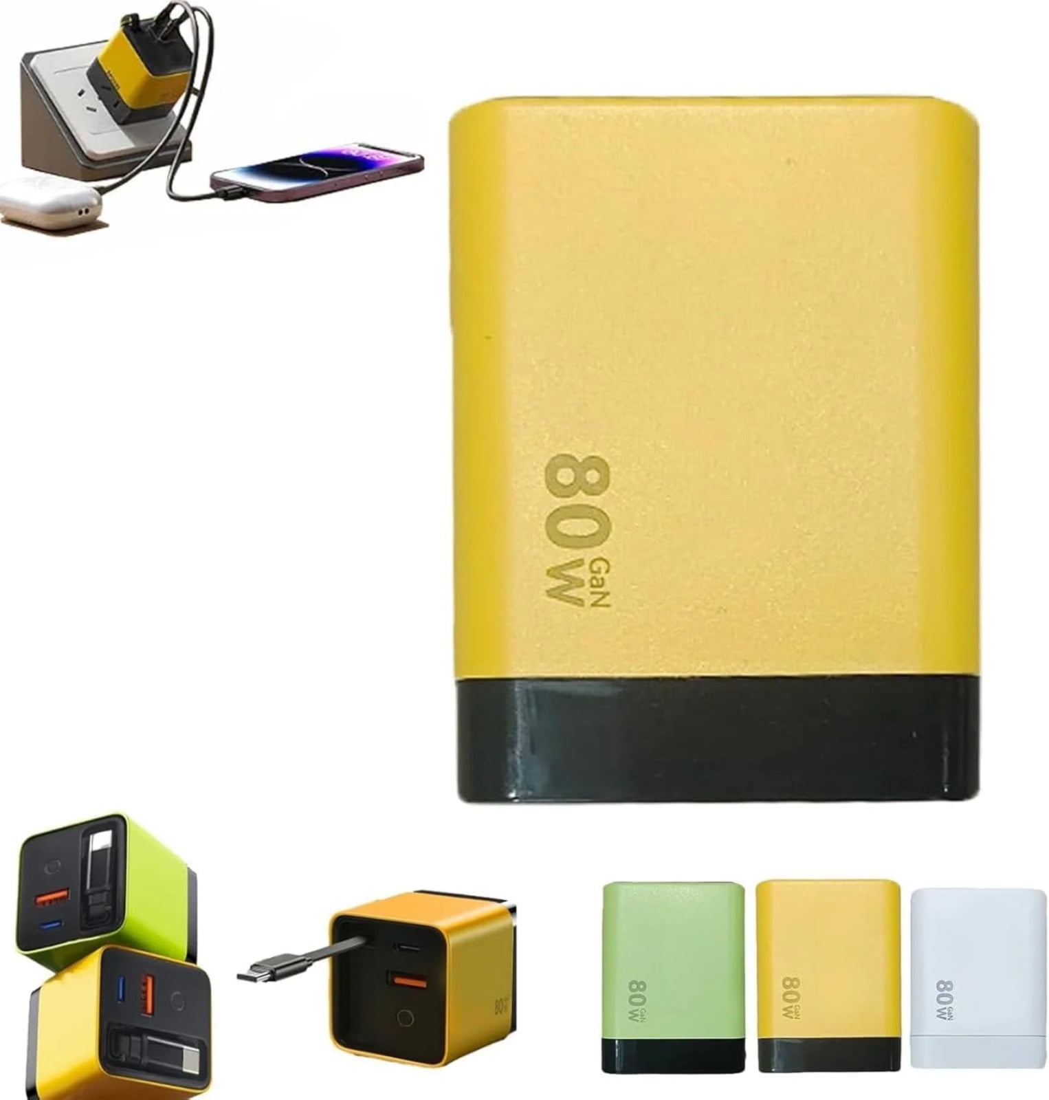 3-in-1 GaN Charger, 80W Fast Charger Module with Retractable Type-C Cable, 2 USB Ports, All-in ...