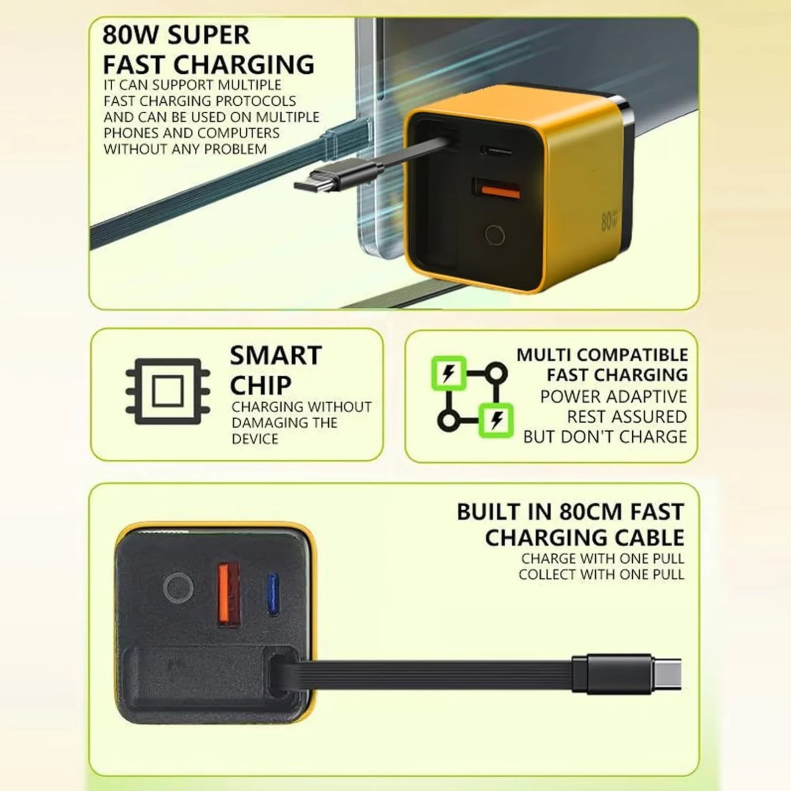 3-in-1 GaN Charger, Scalable 80W Max Fast Charger with Type-C Cable, 2 ...