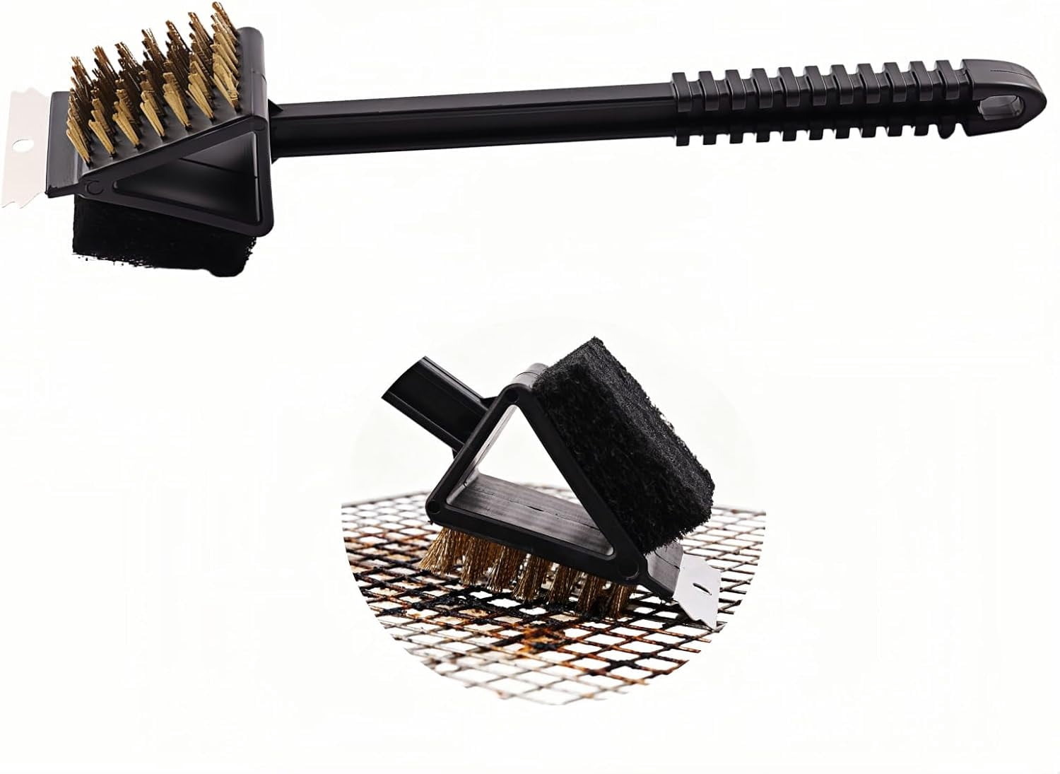 3-in-1 Grill Brush with Scraper & Scrub Pad, 14.5" Long Handle Brass ...