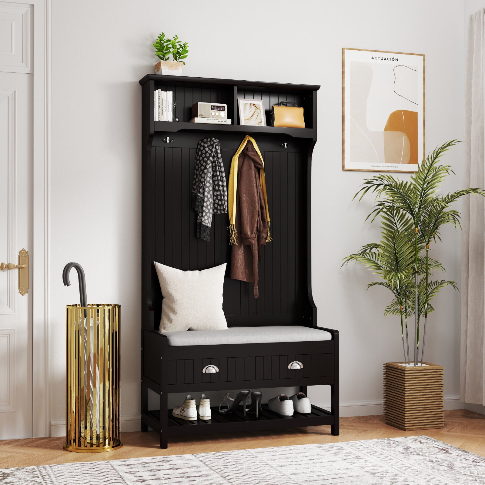 3-in-1 Hall Tree with 2 Drawers and 4 Coat Racks, Wooden Entryway Bench ...