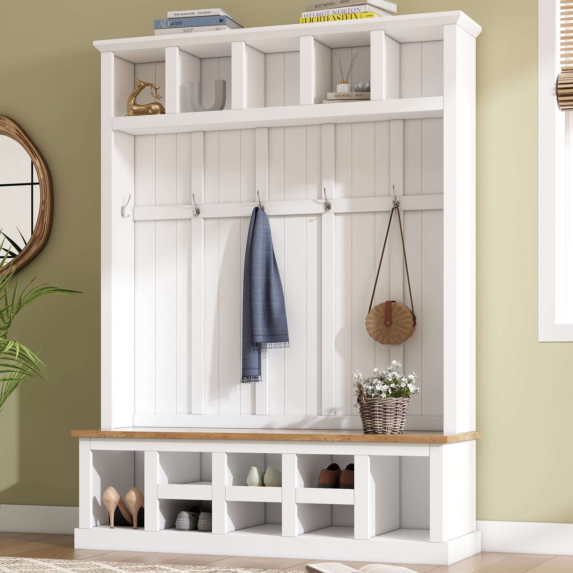 3-in-1 Hall Tree, Entryway Bench with 6 Hanging Hooks, Mudroom Bench ...