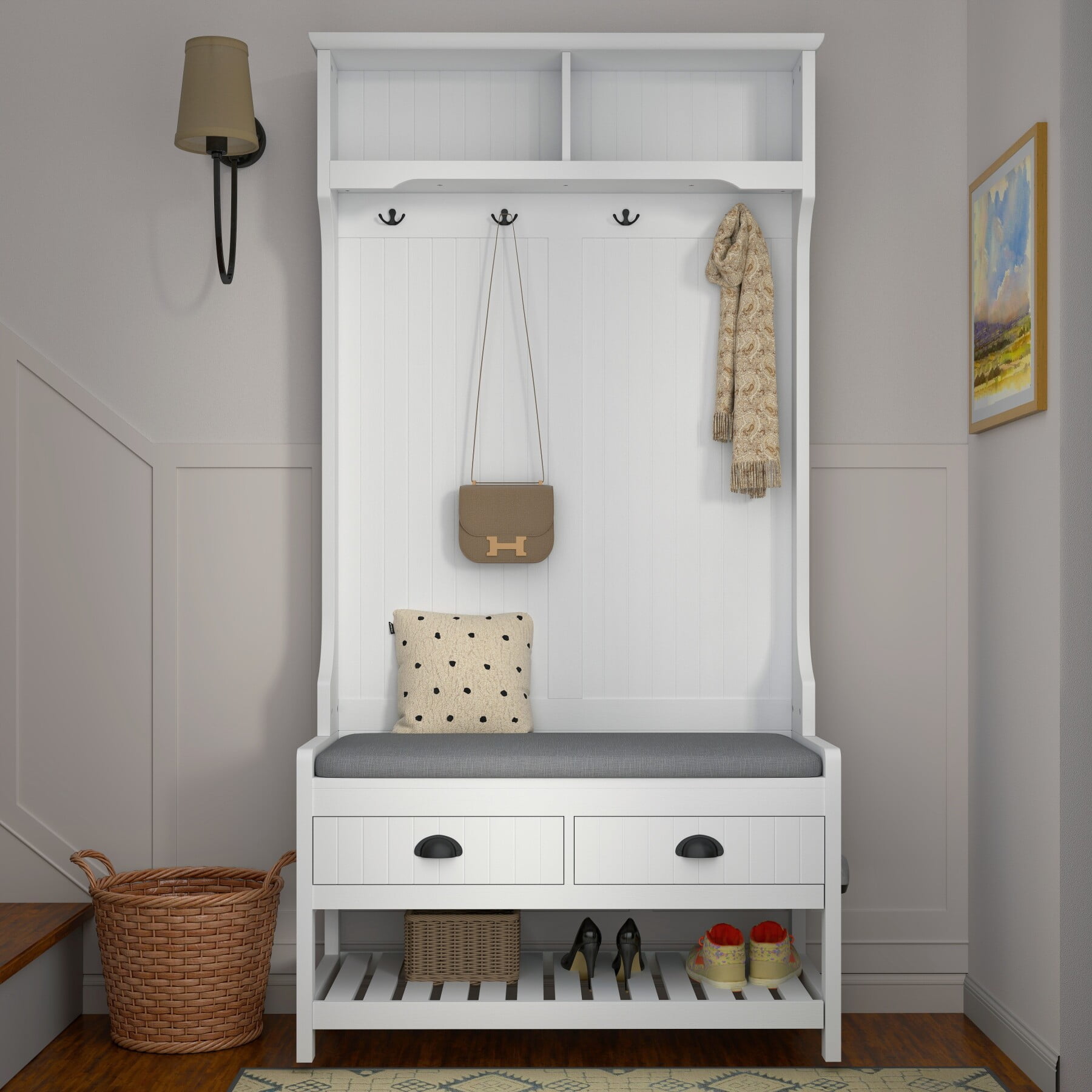 3-in-1 Hallway Hall Tree with 2 Storage Drawer and 4 Coat Rack, Wooden ...