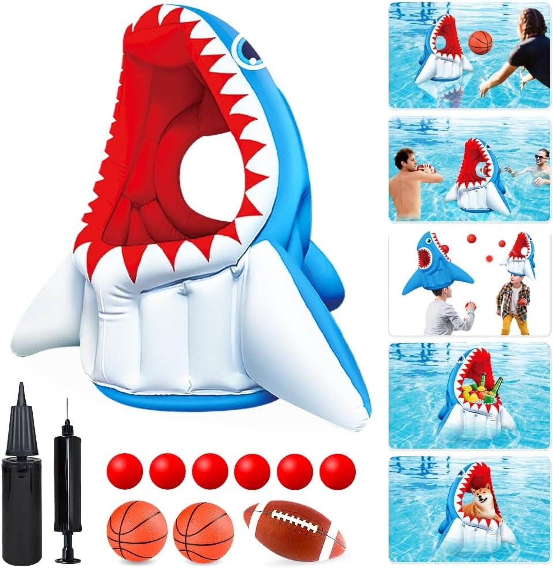 3-in-1 Inflatable Pool Game Toys – Shark Pool Floats with Basketball ...