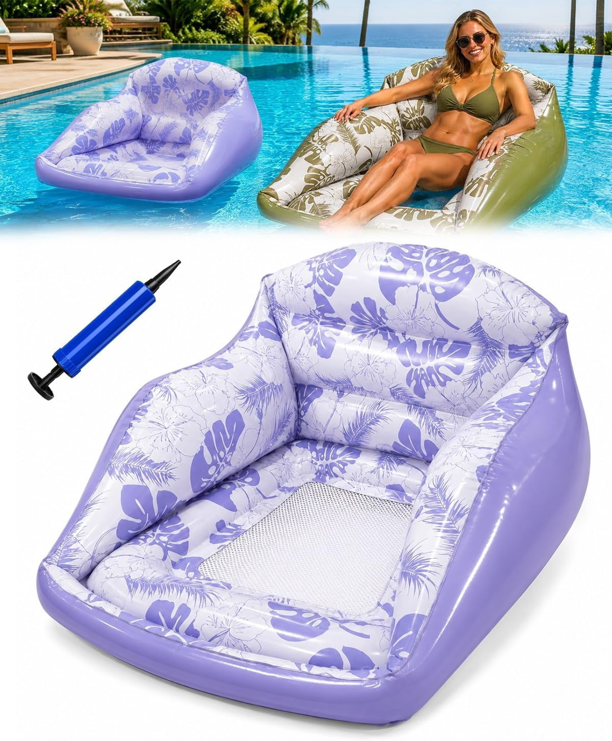 3-in-1 Inflatable Pool Lounge Chair, Blow up Floating Hammock Pool ...