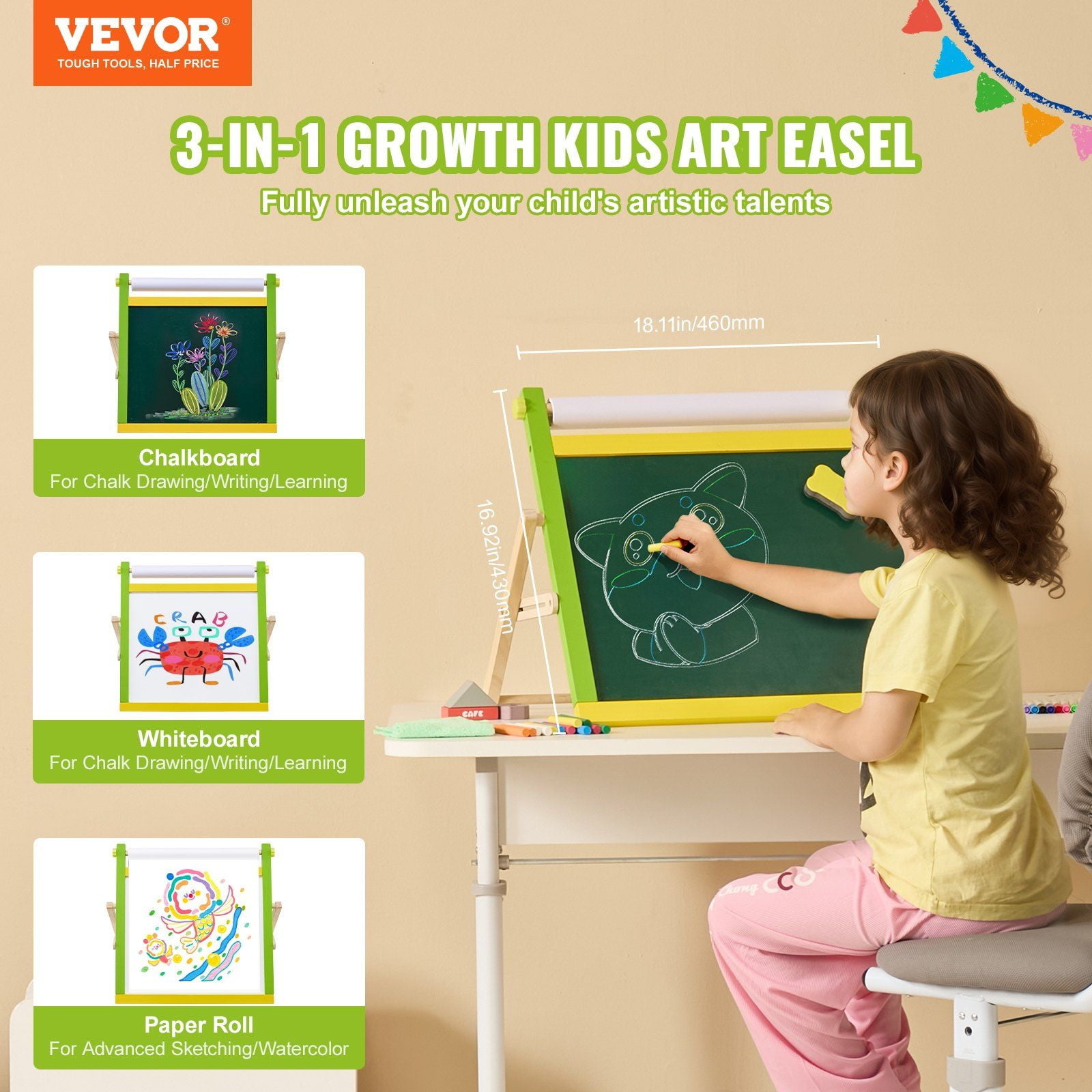 3-in-1 Kids Art Easel - Double-Sided Magnetic Whiteboard & Chalkboard ...