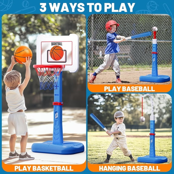 3 in 1 Kids Basketball Hoop and T Ball Set - Walmart.com