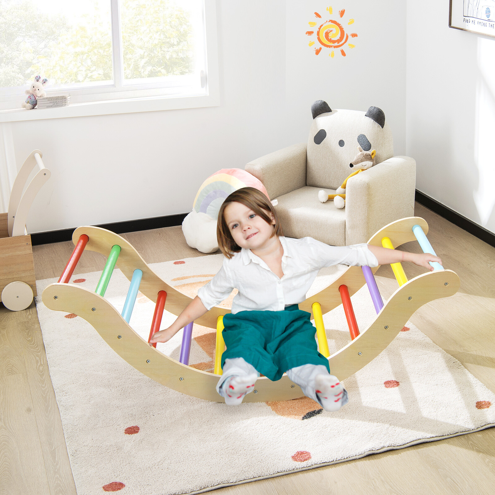 3-in-1 Kids Climber Set Wooden Arch Triangle Rocker w/ Ramp & Blue Mat ...