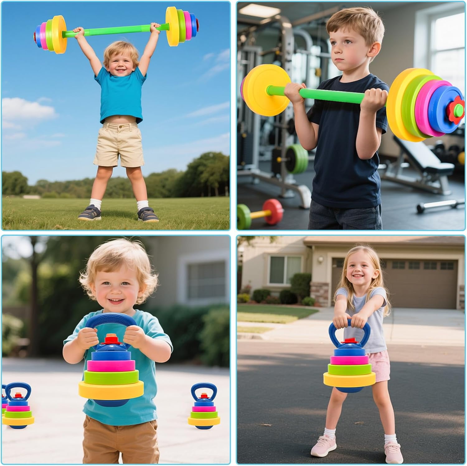 3-in-1 Kids Fitness Set with Adjustable Barbell, Kettlebell & Reusable ...