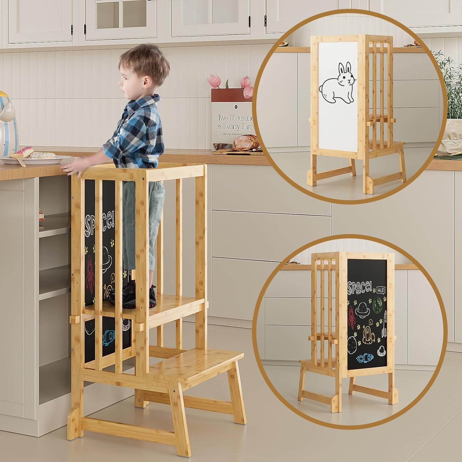 3-in-1 Kids Kitchen Step Stool with Chalkboard, Adjustable Height ...