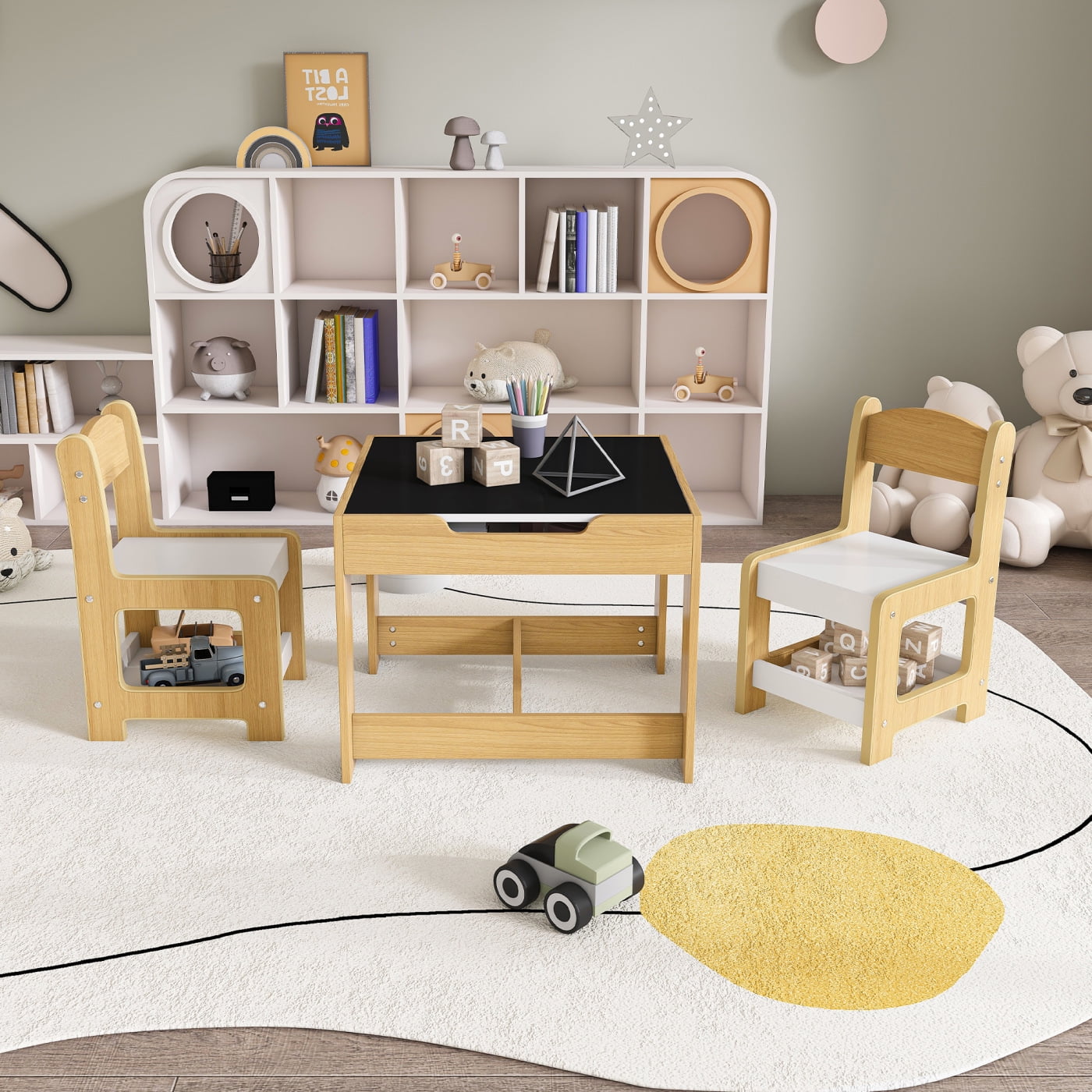 3-in-1 Kids Study Table And Chairs Set With Detachable Blackboard Top ...