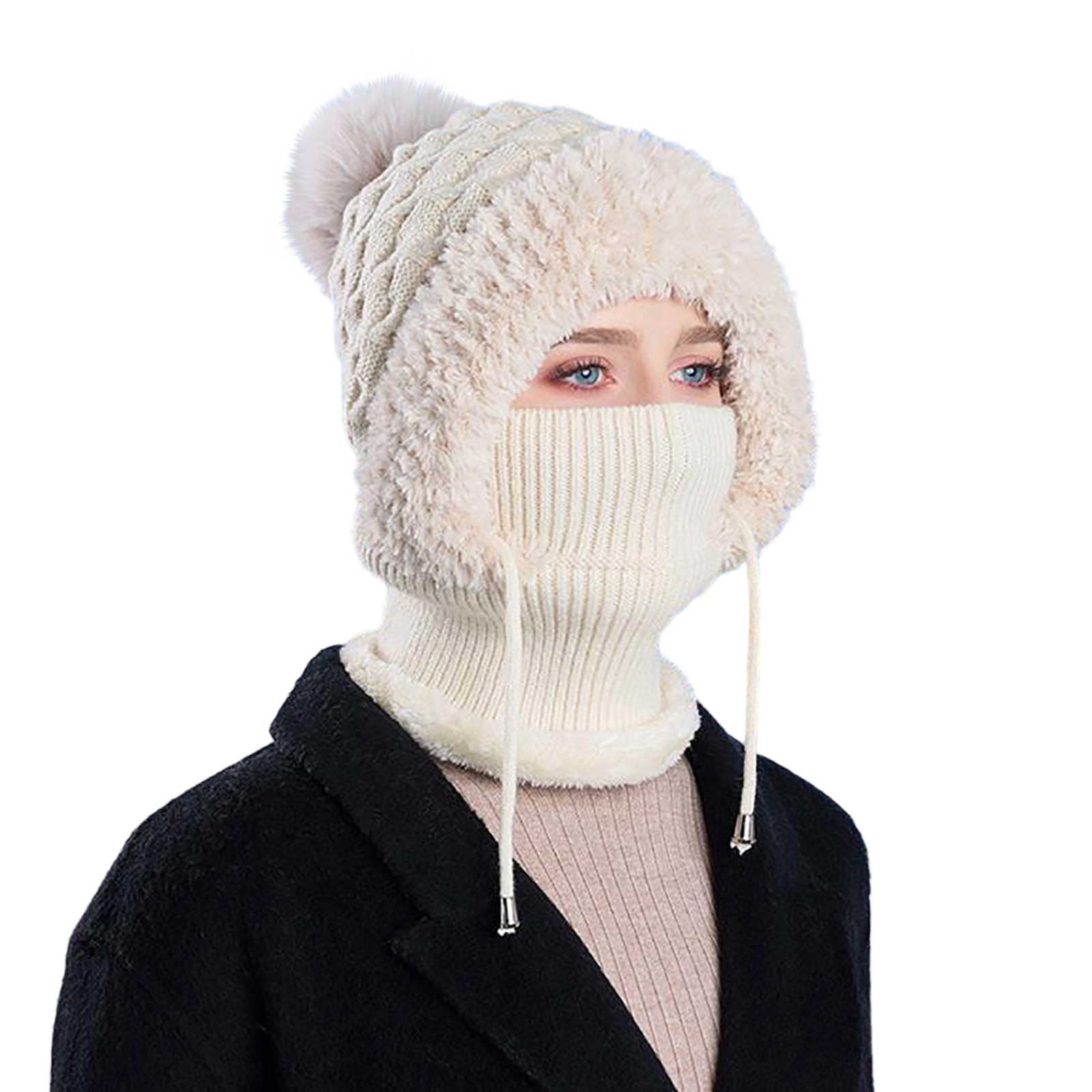 3-in-1 Knitted Hat for Women with Scarf & Mask | Winter Warm Fleece ...