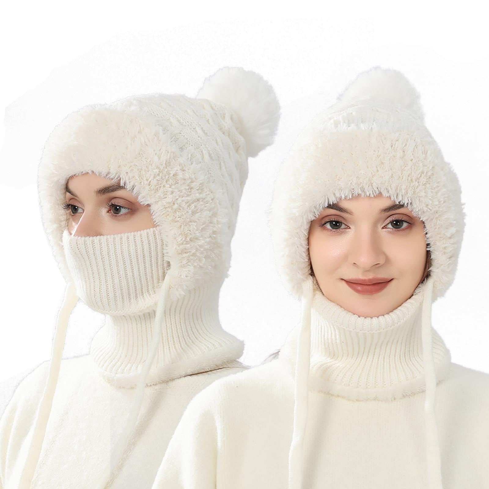 3-in-1 Knitted Hat with Scarf & Mask for Women | Winter Warm Fleece ...