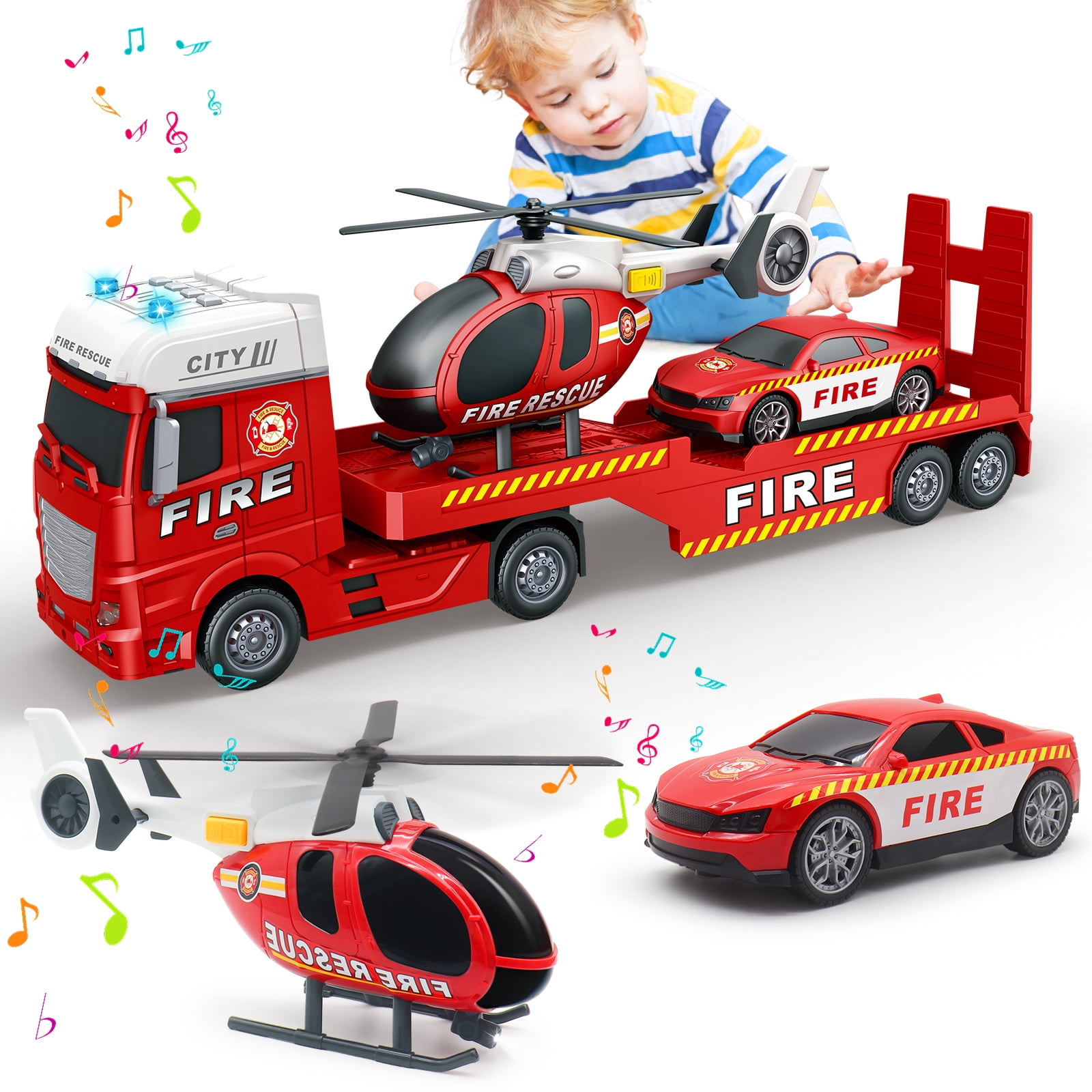 3 in 1 Large Fire Truck Toy, 25" Semi Flatbed Truck Toy with Racing Car ...
