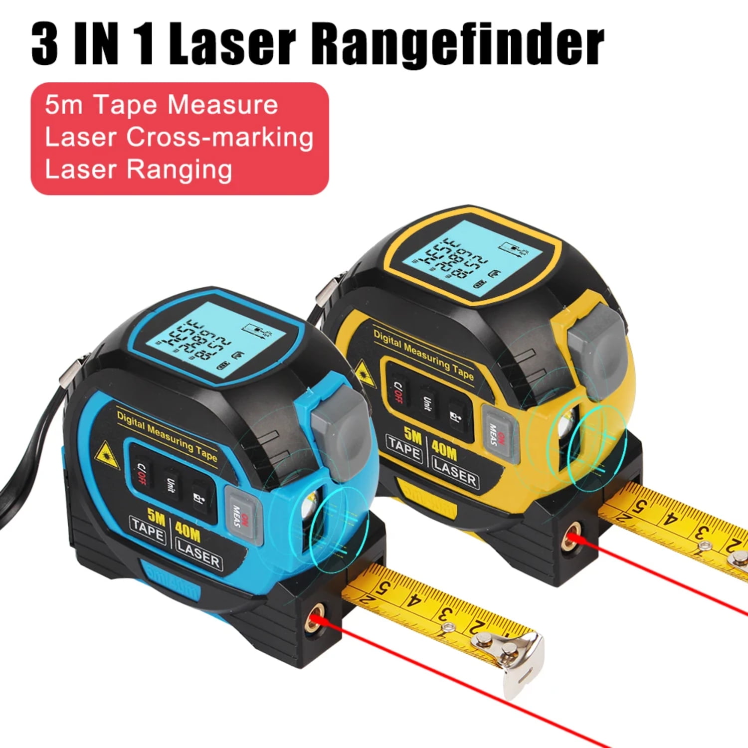 3 in 1 Laser Rangefinder 5M Tape Measure Ruler LCD Display with ...