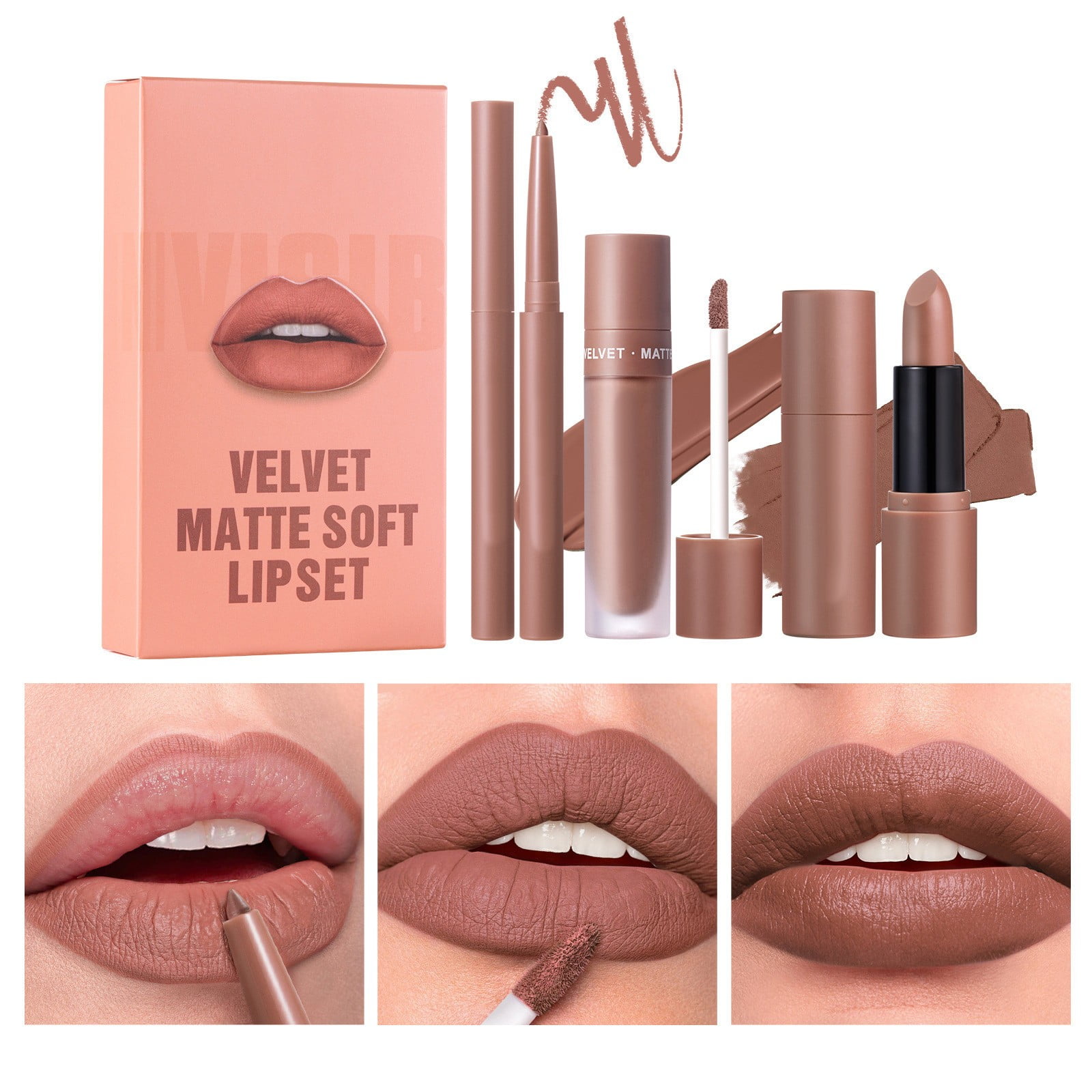 3-in-1 Lip Kit Set with Velvet Matte Lipstick & Gloss, Smudgeproof Lip ...