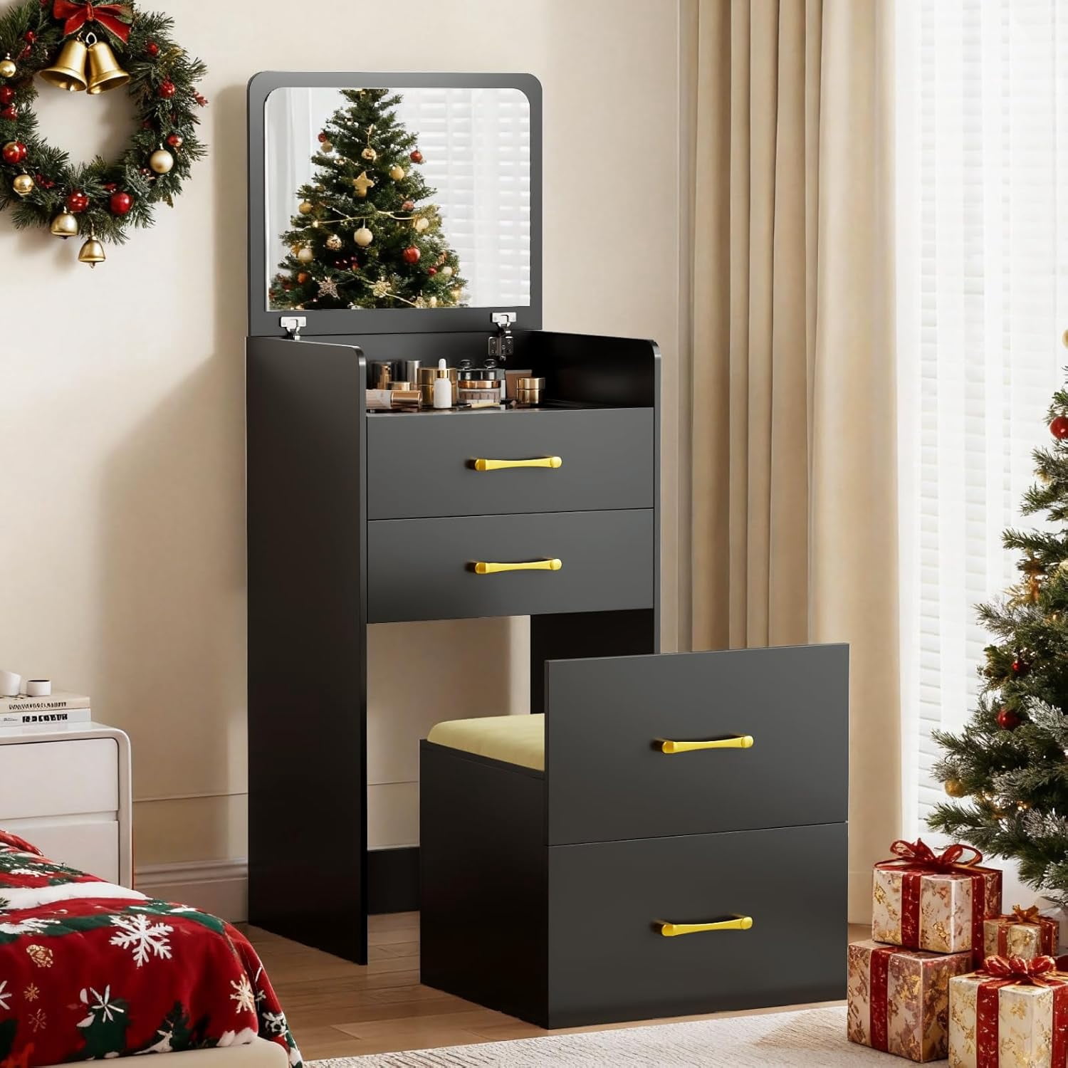3 in 1 Make Vanity Desk with Flip Top Mirror,Glass Top Makeup Vanity ...