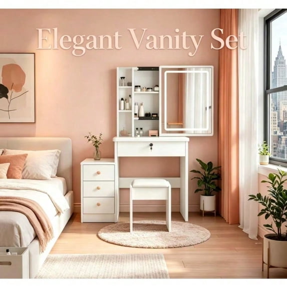 3-in-1 Makeup Dresser Combo with Storage Side Cabinet & Stool, Modern ...
