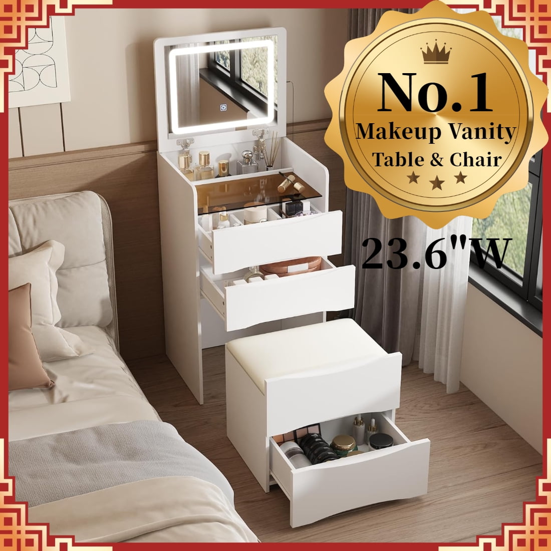 3-in-1 Makeup Vanity Desk with Plip Top Mirror, 23.6“W Small Vanity ...