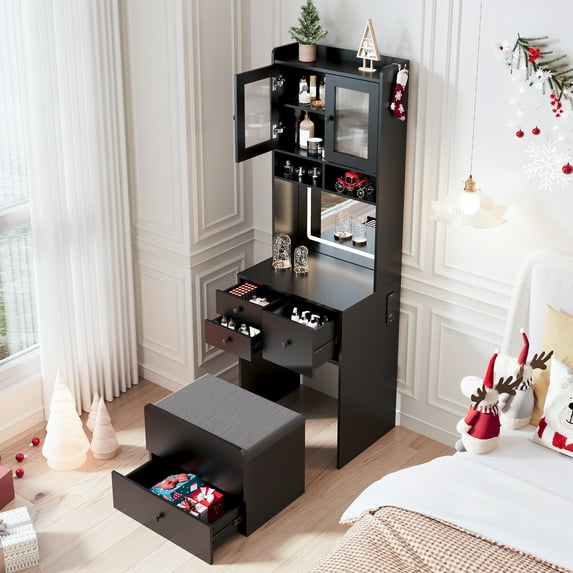 3-in-1 Makeup Vanity Desk with LED Light, Drawers & Acrylic Doors, 2 AC ...