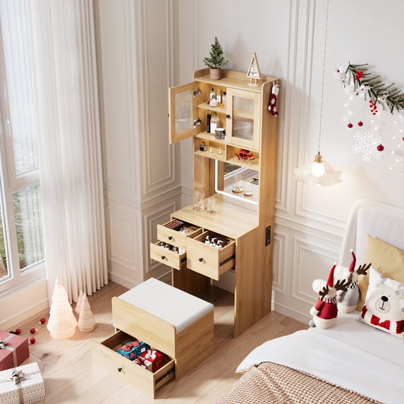 3-in-1 Makeup Vanity Desk with LED Light, Drawers & Acrylic Doors, 2 AC ...