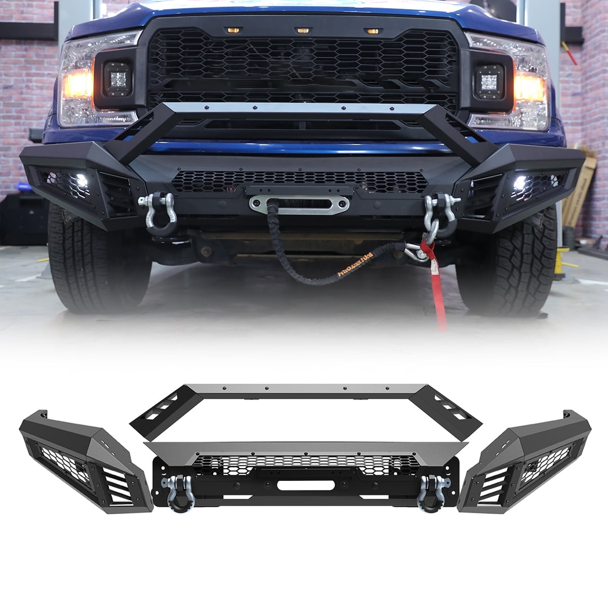 3 in 1 Modular Front Bumper w/2*Side Wings+Bull Bar for 2018-2020 Ford ...
