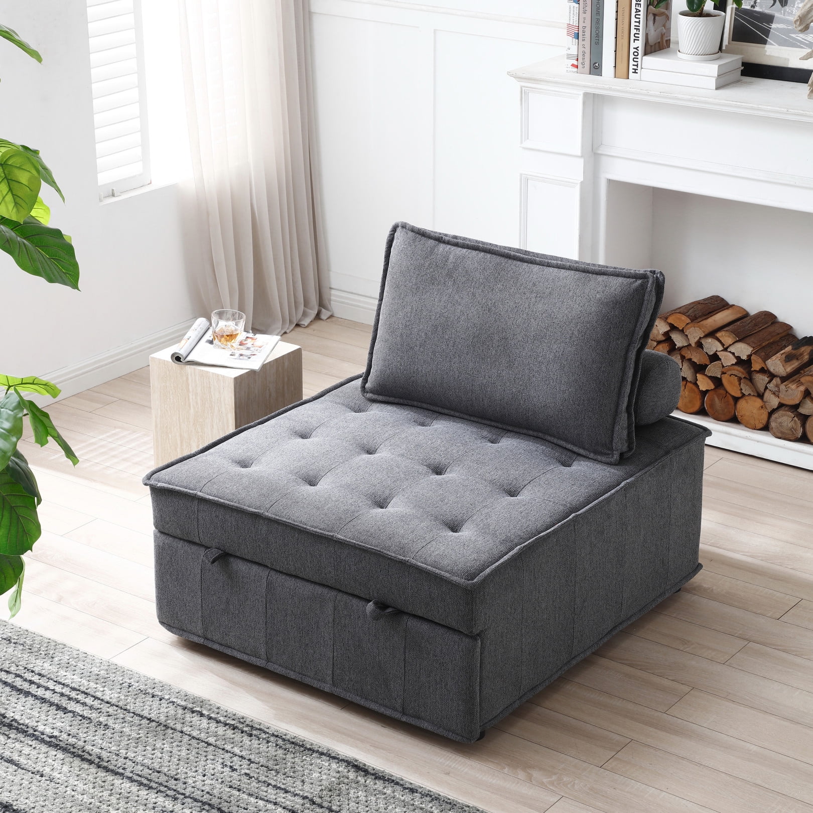 3-in-1 Multipurpose Lazy Chair, Linen Fabric Pulling Out Sofa Bed with ...
