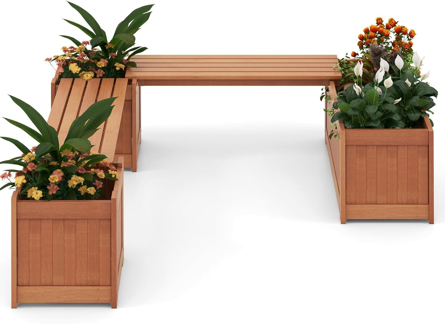 3-in-1 Outdoor Bench with Large Raised Beds & 2 Planter Boxes, Wood ...