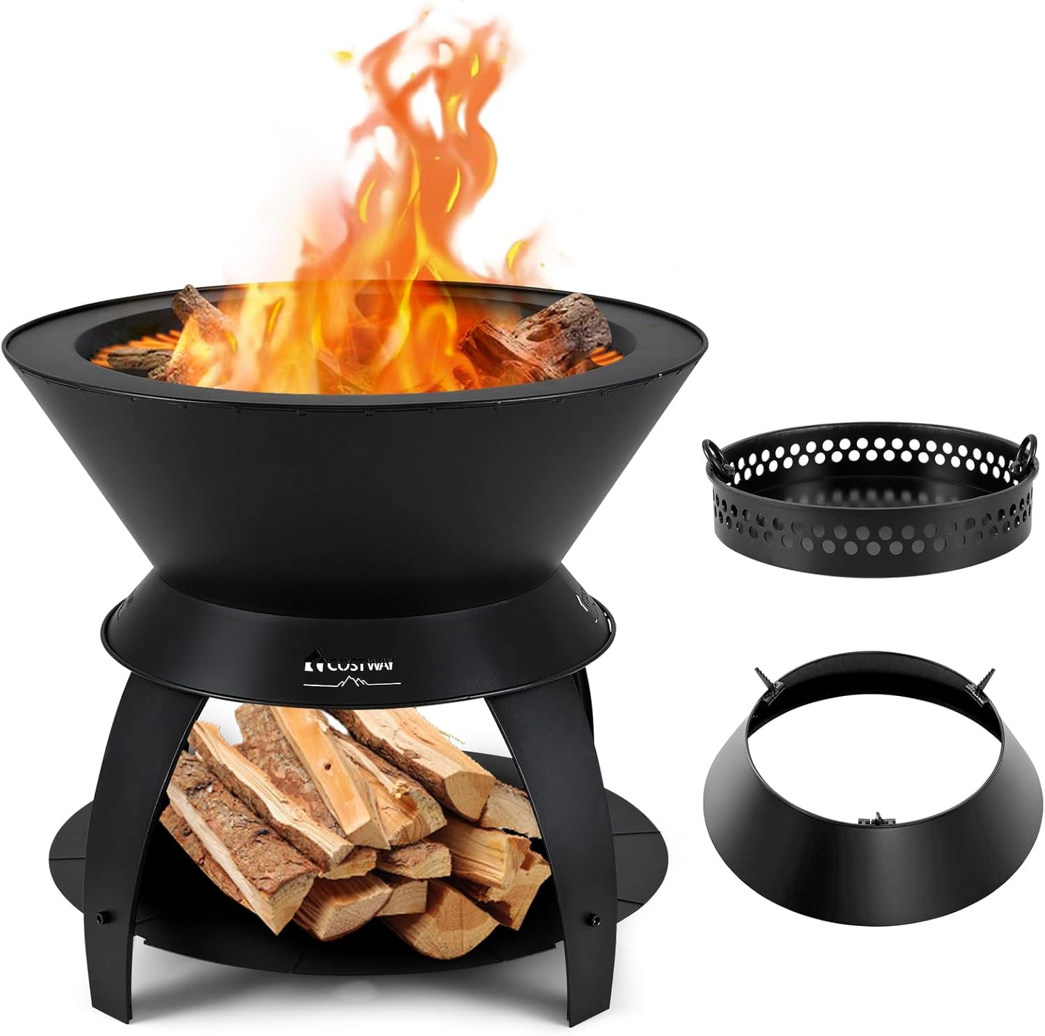 3-in-1 Outdoor Fire Pit, 20" Wood Burning Fire Pits with Removable Wok ...